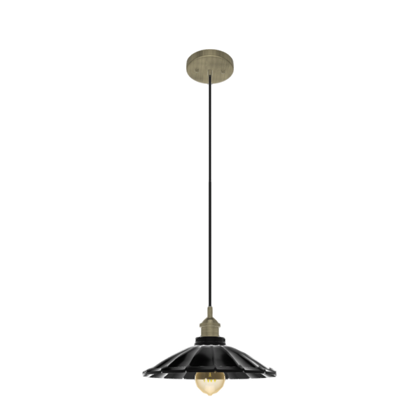 Single Pendant: Antique Brass with Black Ruffle Shade – MixMatch Lighting